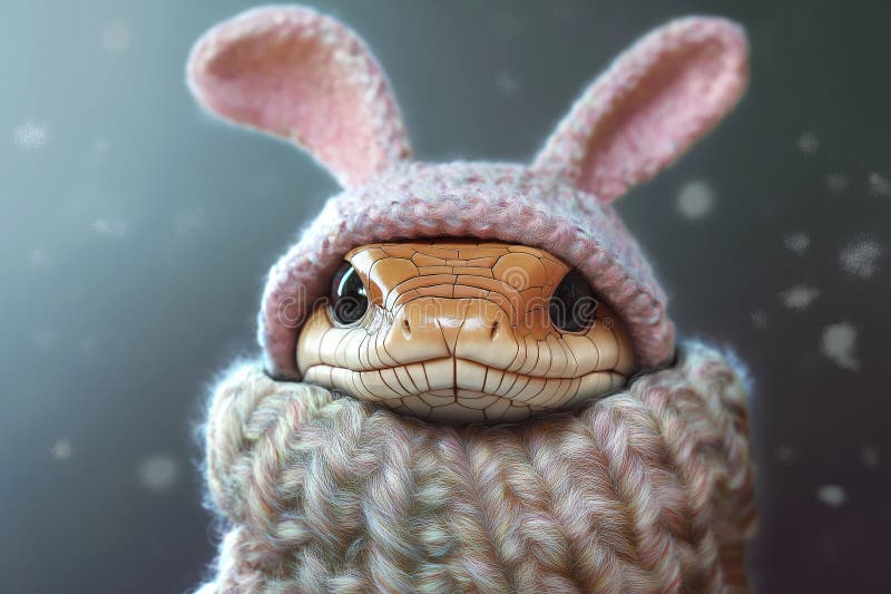 Cute Snake Dressed in a Knitted Hat with Bunny Ears and a Scarf Stock ...