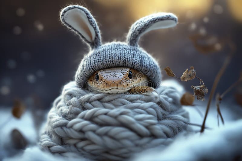 Cute Snake Dressed in a Knitted Hat with Bunny Ears and a Scarf Stock ...