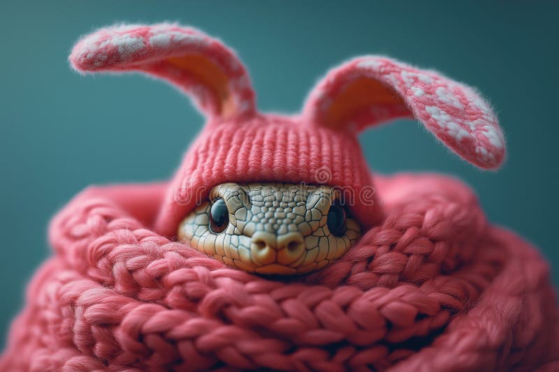 Cute Snake Dressed in a Knitted Hat with Bunny Ears and a Scarf Stock ...