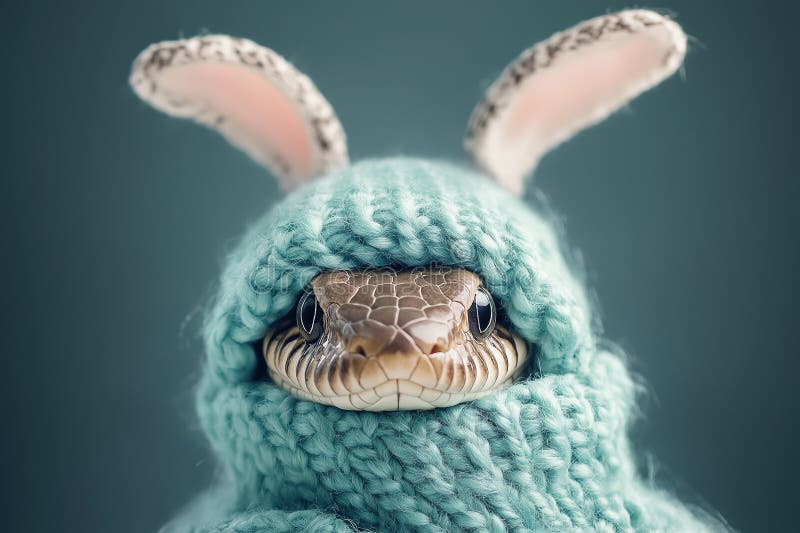 Cute Snake Dressed in a Knitted Hat with Bunny Ears and a Scarf Stock ...