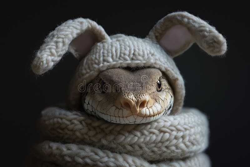 Cute Snake Dressed in a Knitted Hat with Bunny Ears and a Scarf Stock ...
