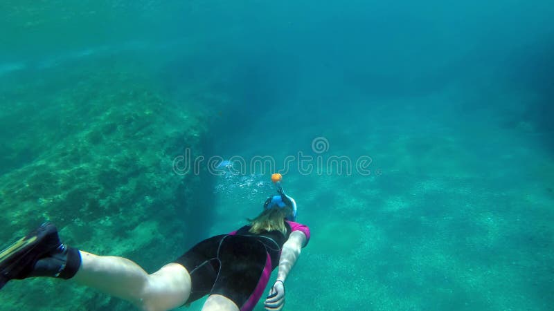 Cute Snorkeling Girl Diving Stock Video - Video of blue, marine: 169682883