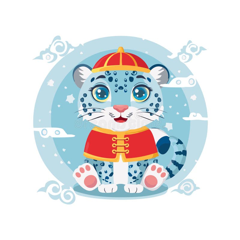 Cute Snow Leopard with Traditional Chinese Clothing Stock Illustration ...