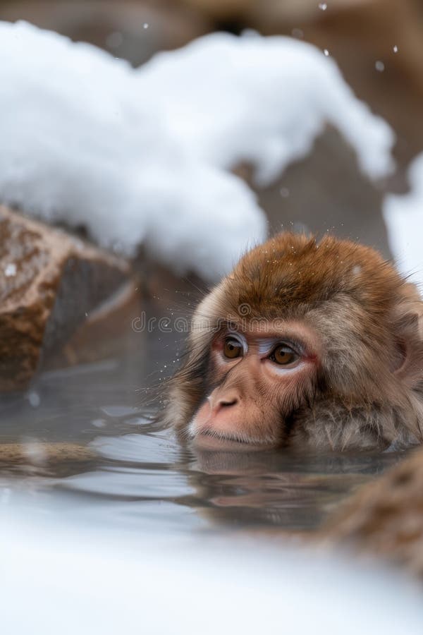 Cute Snow Monkey Relaxing in Hot Spring Stock Illustration ...