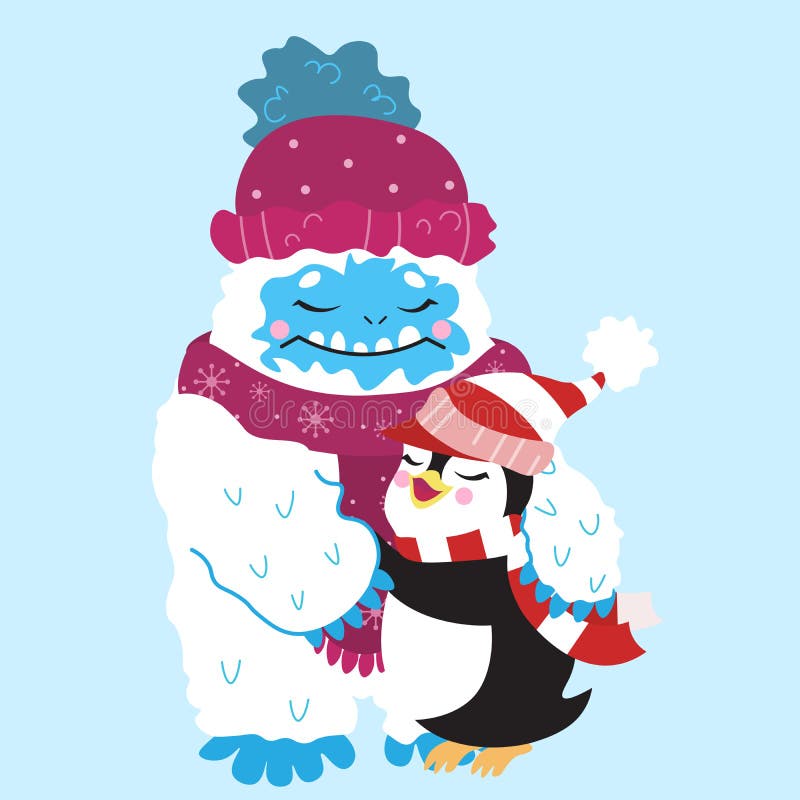 Cute Snow Yeti and Penguin Doing Snow Angels Vector Image. with Winter ...