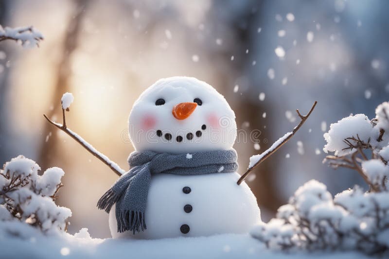 Cute Snowman Happy with Snow in Snowy Forest. Stock Illustration ...