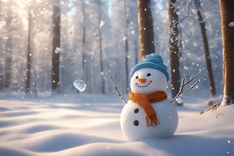 Cute Snowman Happy with Snow in Snowy Forest. Stock Illustration ...