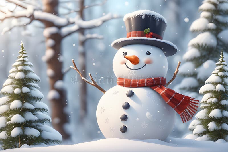 Cute Snowman Happy with Snow in Snowy Forest. Stock Illustration ...