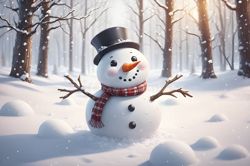 Cute Snowman Happy with Snow in Snowy Forest. Stock Illustration ...