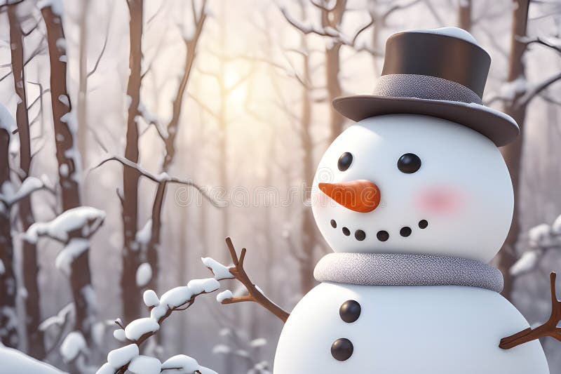 Cute Snowman Happy with Snow in Snowy Forest. Stock Illustration ...