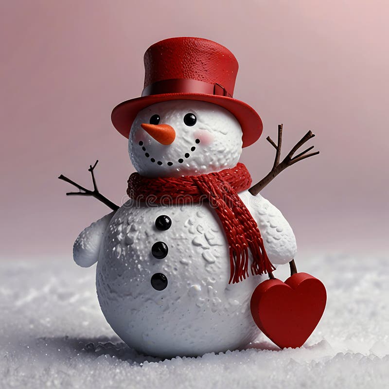 Cute Snowman with Red Hat and Scarf Holding a Heart Stock Illustration ...