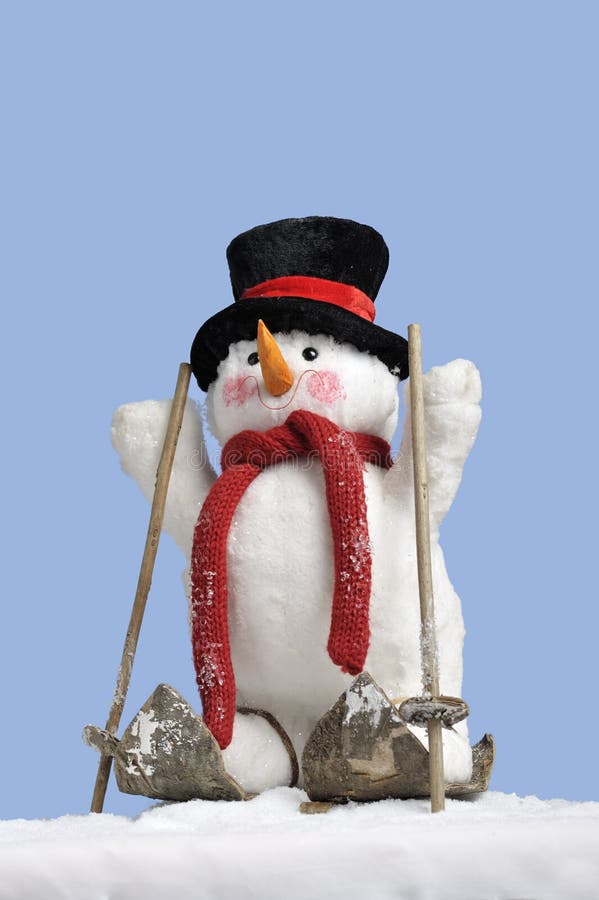 Cute snowman on skis stock image. Image of shawl, blue - 17252823