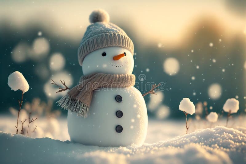 Cute Snowman on Snowfield with Spring Sunshine Stock Illustration ...