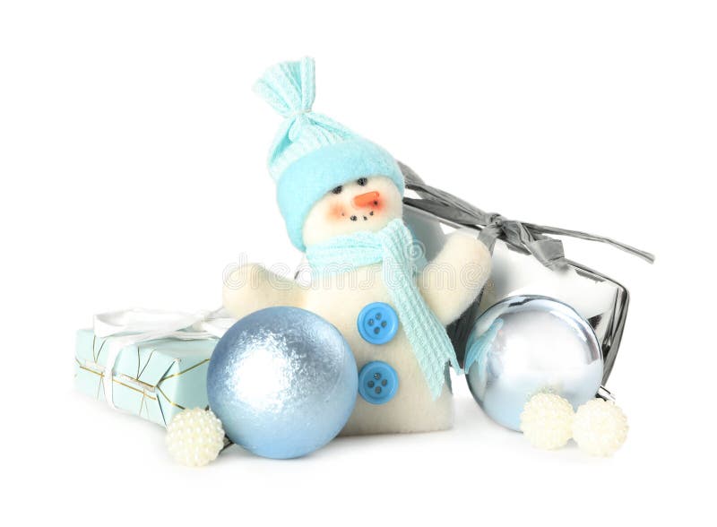 Cute Snowman Toy, Gift Boxes and Christmas Balls Isolated on White ...