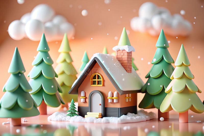 Cute Snowy Cabin in Winter Forest Scene Stock Illustration ...