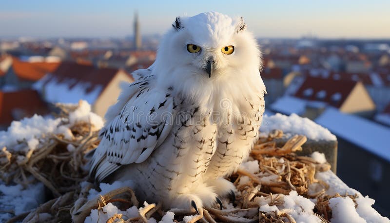 A Cute Snowy Owl Perching on a Snowy Branch Generated by AI Stock Photo ...