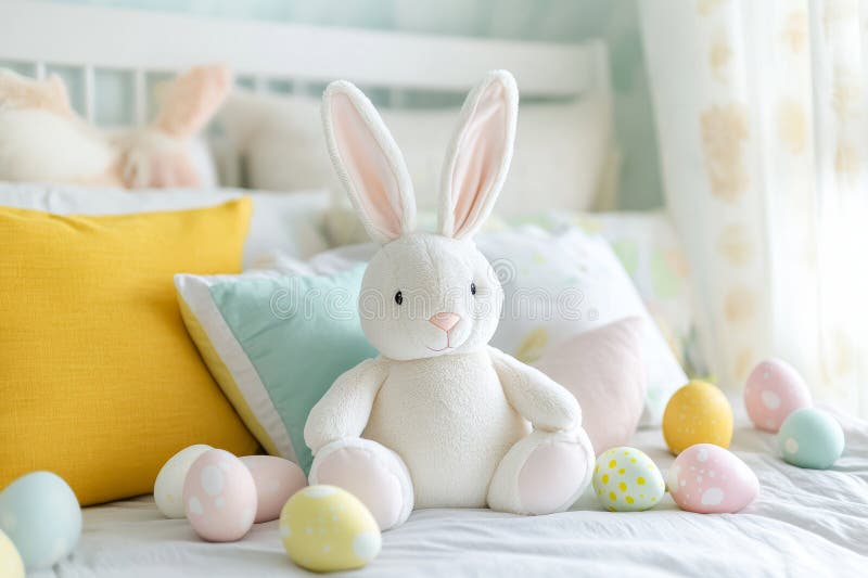 A Cute, Soft Plush Easter Bunny Sitting on a Child S Bed, Surrounded by ...