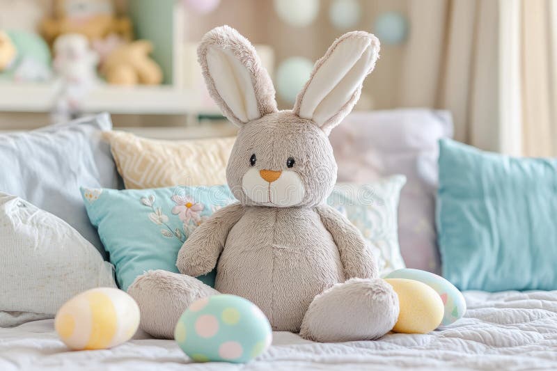 A Cute, Soft Plush Easter Bunny Sitting on a Child S Bed, Surrounded by ...
