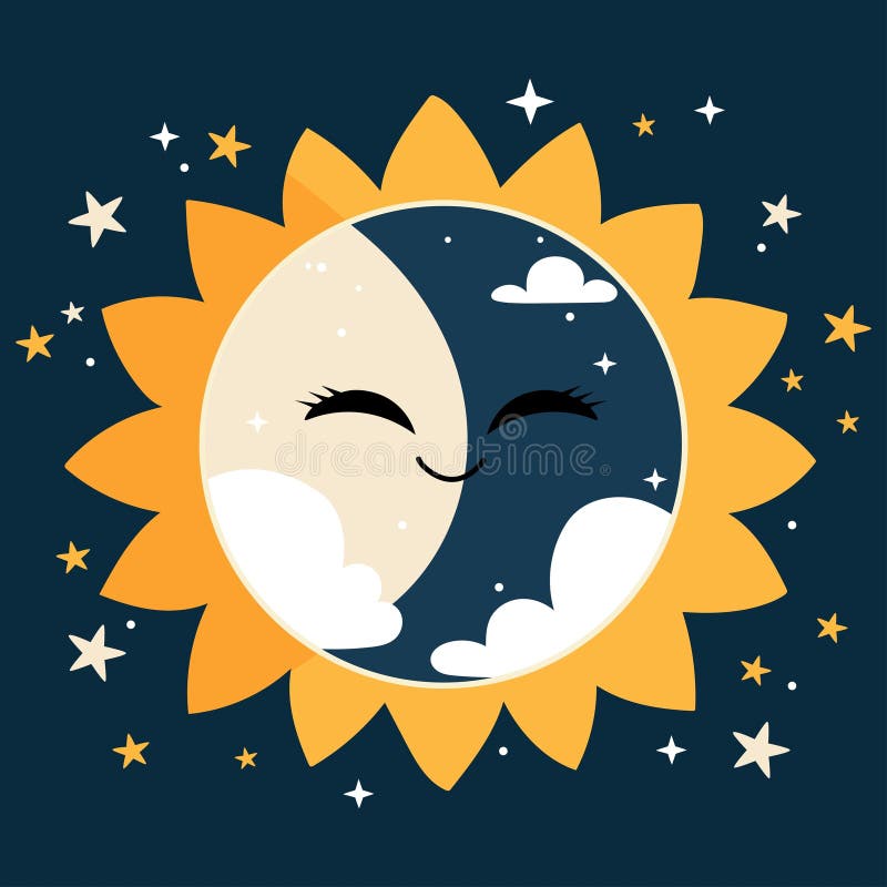 Cute Solar Eclipse Concept Design for Kids. Smiling Moon and Sun ...