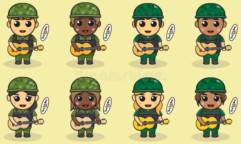 Vector Illustration Cartoon of Cute Soldier Playing Guitar. Stock ...