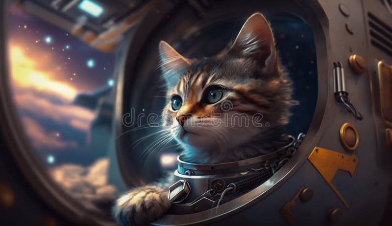Cute Space Cat on a Big Spaceship.Generative AI Stock Illustration ...