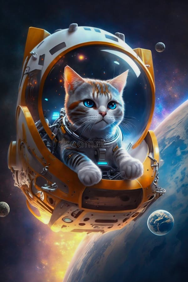 Cute Space Cat on a Big Spaceship.Generative AI Stock Illustration ...