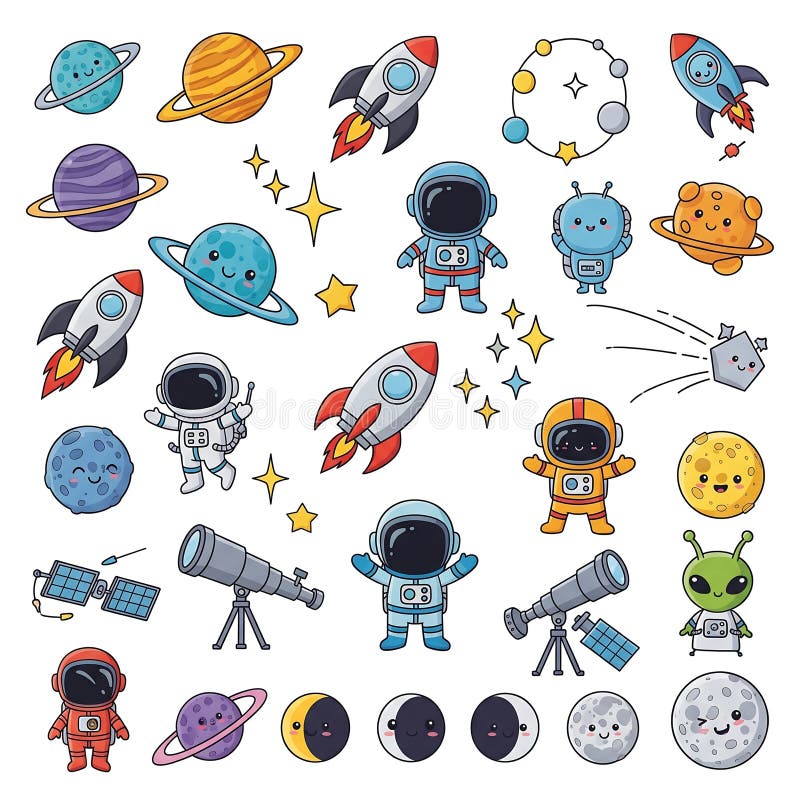 Cute Space Exploration and Astronomy Icon Set Stock Illustration ...