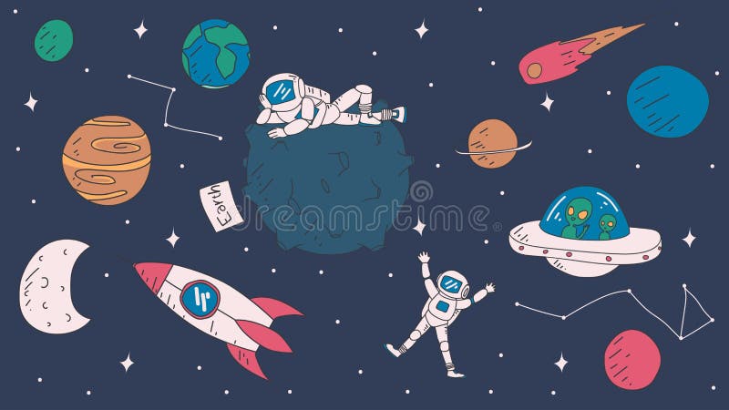 Cute Space Exploration Doodles. Space Elements: Stars, Rockets ...