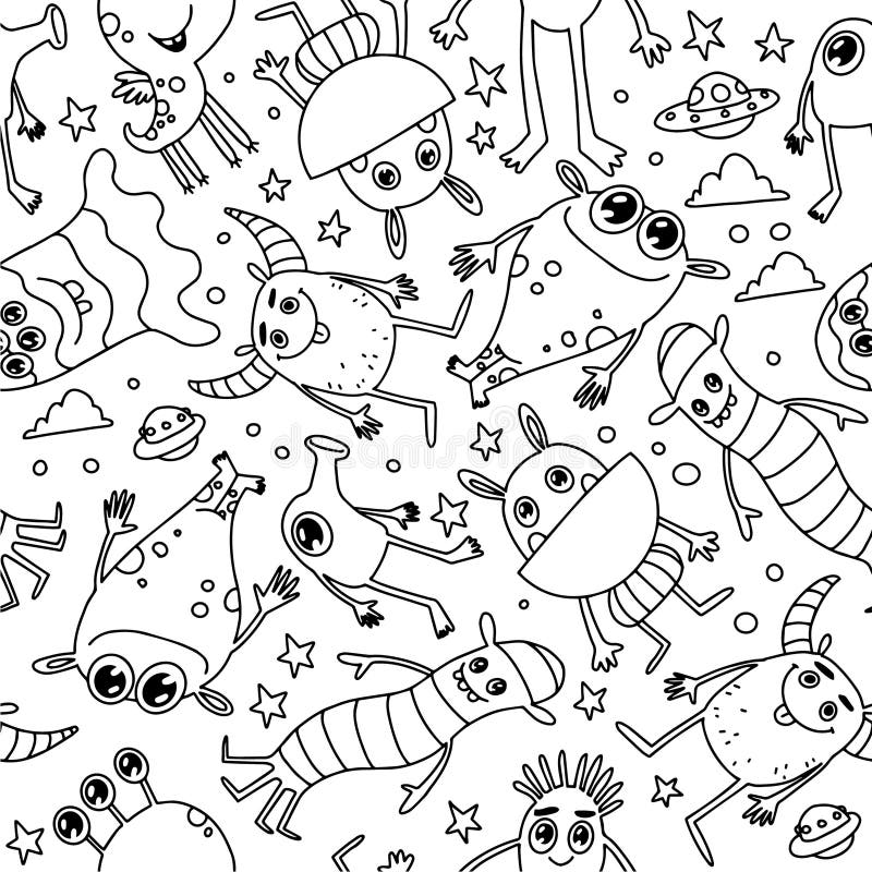 Cute Space Monsters Line Pattern Stock Vector - Illustration of ...