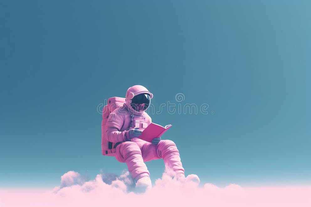 Cute Spaceman or Astronaut Sitting and Reading Book on the Cloud Stock ...
