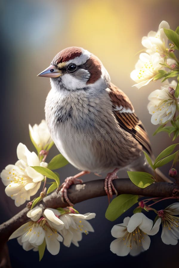 Cute Sparrow Posing in Tree Branch with Cherry Blossoms. Stock ...
