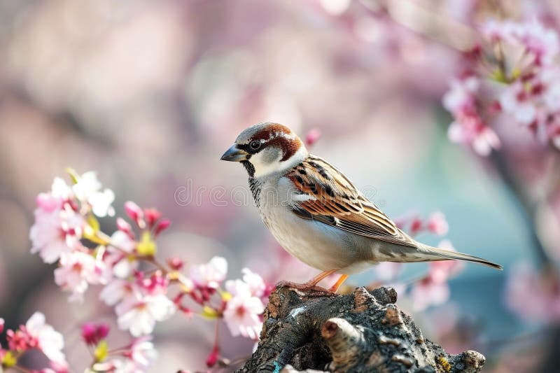 Cute Sparrow in Spring Garden with Blossom Tree, World Sparrow Day ...