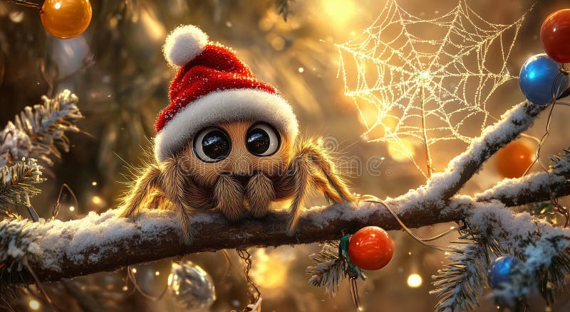 A Spider in a Santa Hat on a Branch of a Christmas Tree with Cobwebs ...