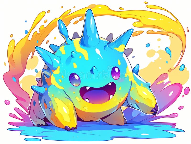 Cute, Spiky, Round Creature in Vibrant Blue and Yellow Paint Splash ...