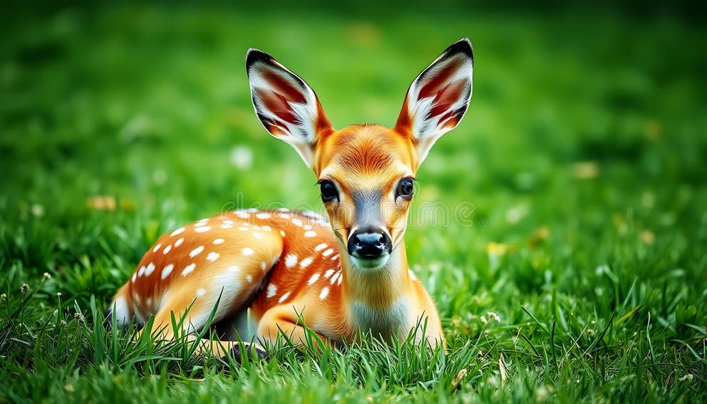 Cute Spotted Fawn Lying in Grass Stock Illustration - Illustration of portrait, juvenile: 376071553