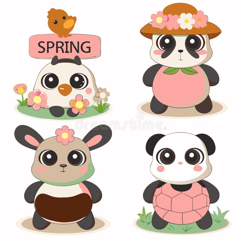Cute Spring Animals Bird, Panda, Bunny, Turtle Stock Vector ...