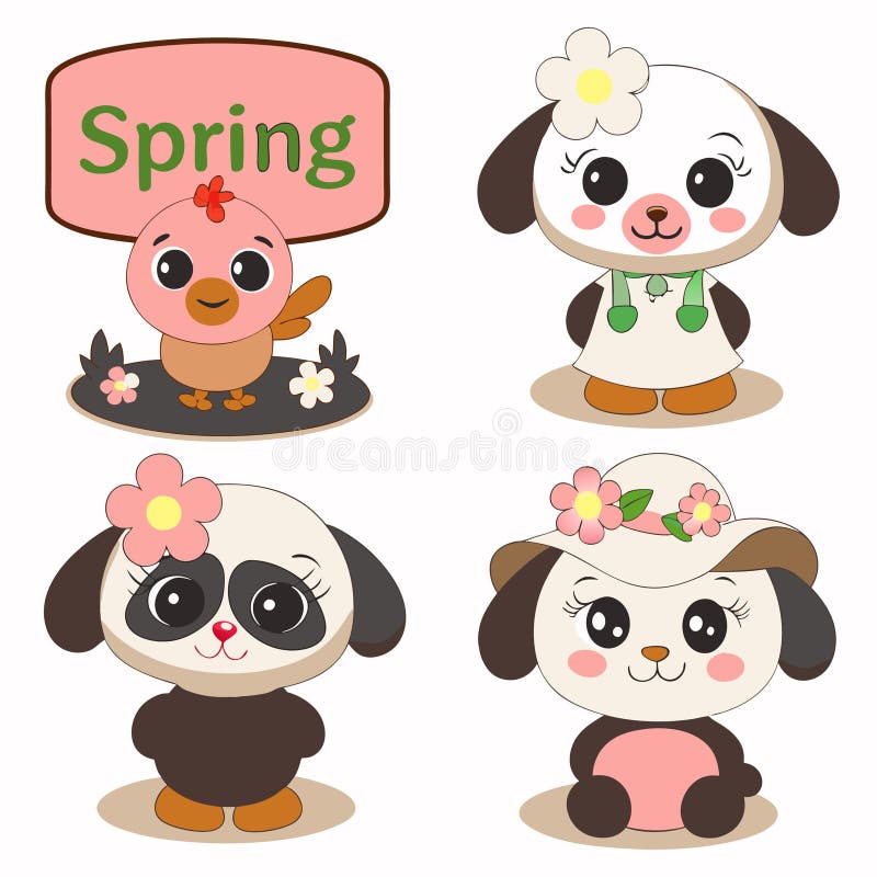 Cute Spring Animals Bird, Panda, Dogs Stock Vector - Illustration of ...