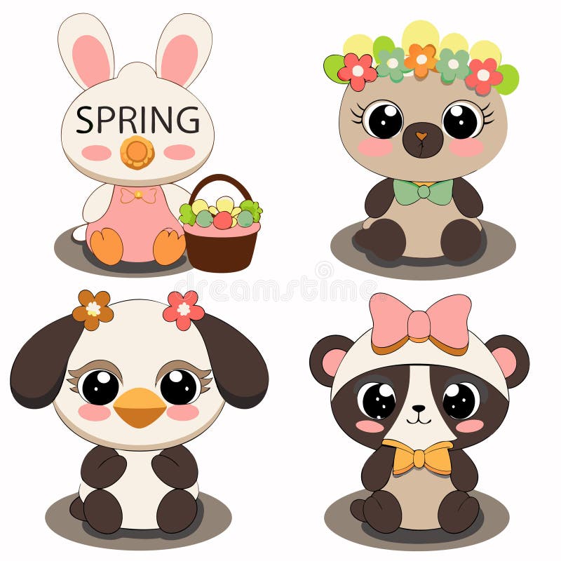Cute Spring Animals Bunny, Bear, Dog, Panda Stock Vector - Illustration ...