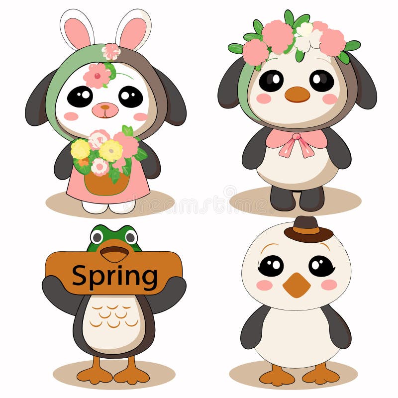 Cute Spring Animals Bunny, Penguin, Frog, Chick Stock Vector ...