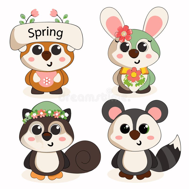 Cute Spring Animals Cartoon Characters Stock Vector - Illustration of ...