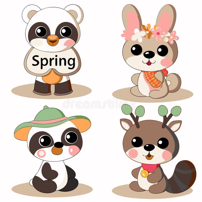 Cute Spring Animals Cartoon Characters. (2 Stock Vector - Illustration ...
