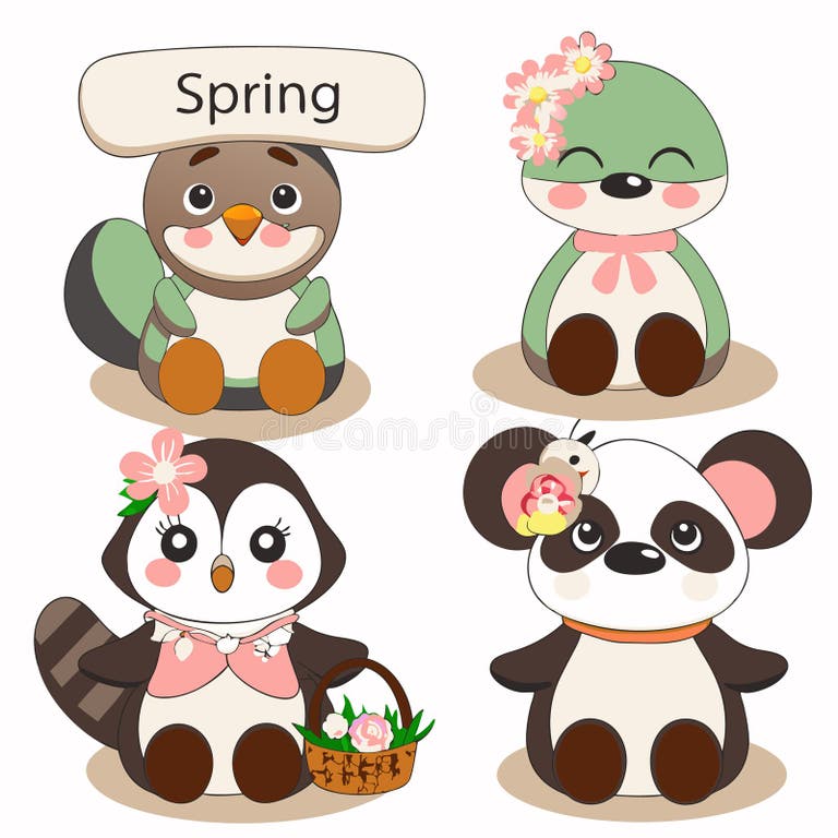 Cute Spring Animals Cartoon Illustration. (4 Stock Vector ...