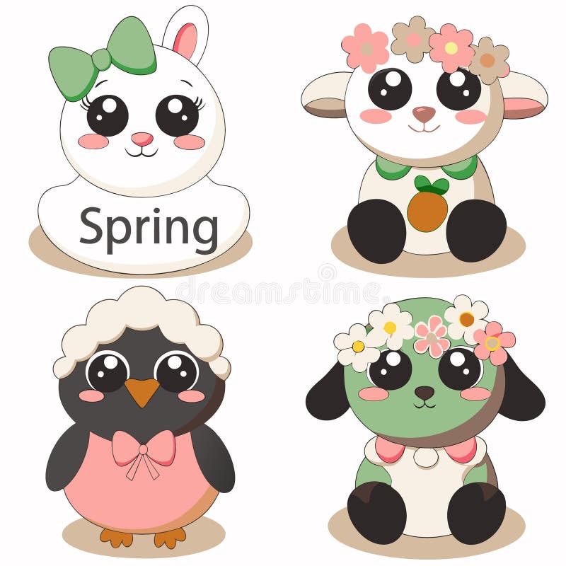 Cute Spring Animals Cartoon Illustration. (5 Stock Vector ...