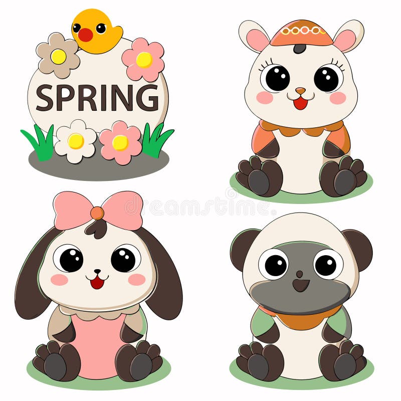 Cute Spring Animals Cartoon Illustration. (6 Stock Vector ...