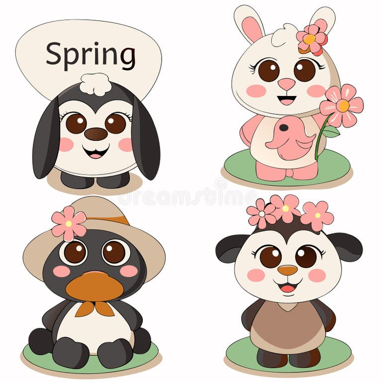 Cute Spring Animals Cartoon Illustration. (7 Stock Vector ...