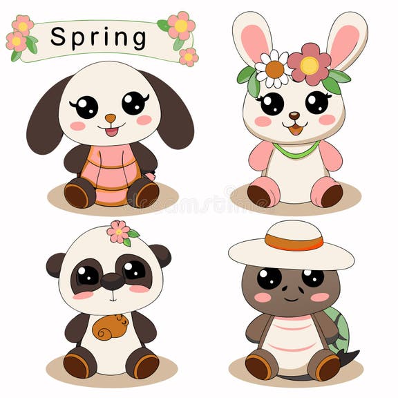 Cute Spring Animals Dog, Bunny, Panda, Turtle Stock Vector ...