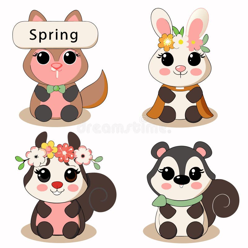 Cute Spring Animals Fox, Rabbit, Squirrel Stock Vector - Illustration ...