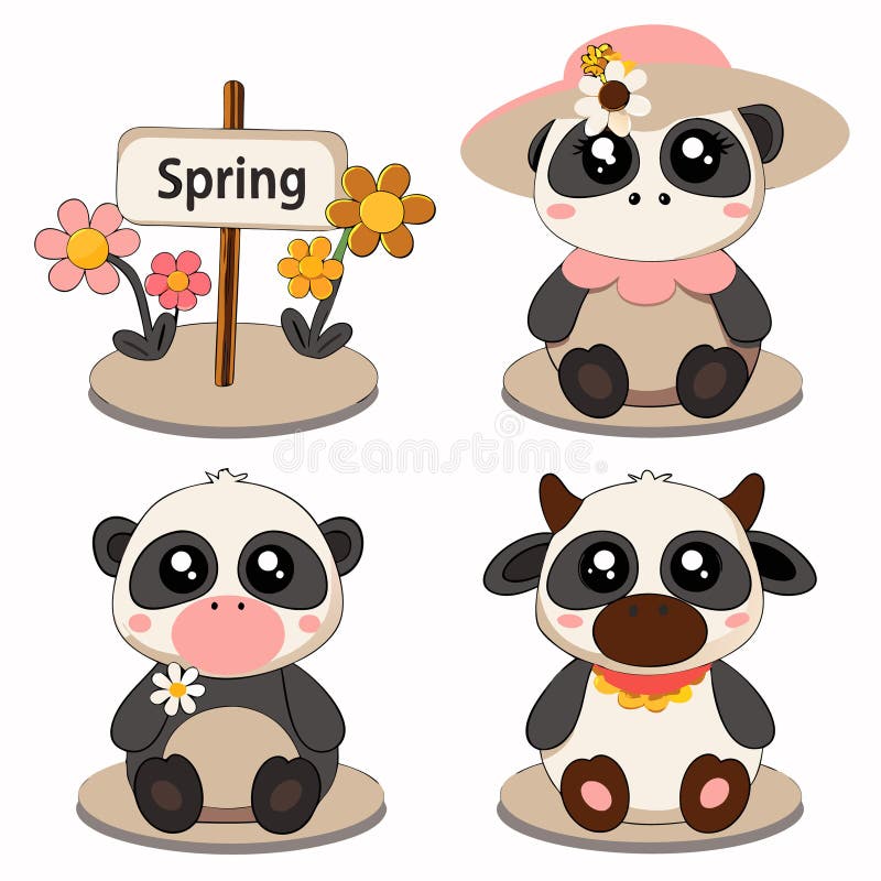 Cute Spring Animals Panda, Cow Stock Vector - Illustration of sweet ...