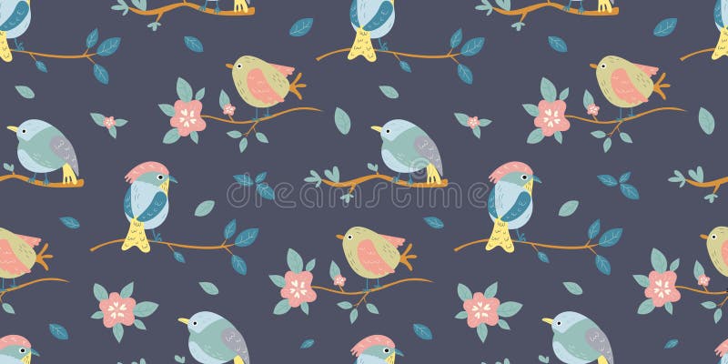 Cute Spring Birds and Flowers Seamless Pattern Stock Vector ...