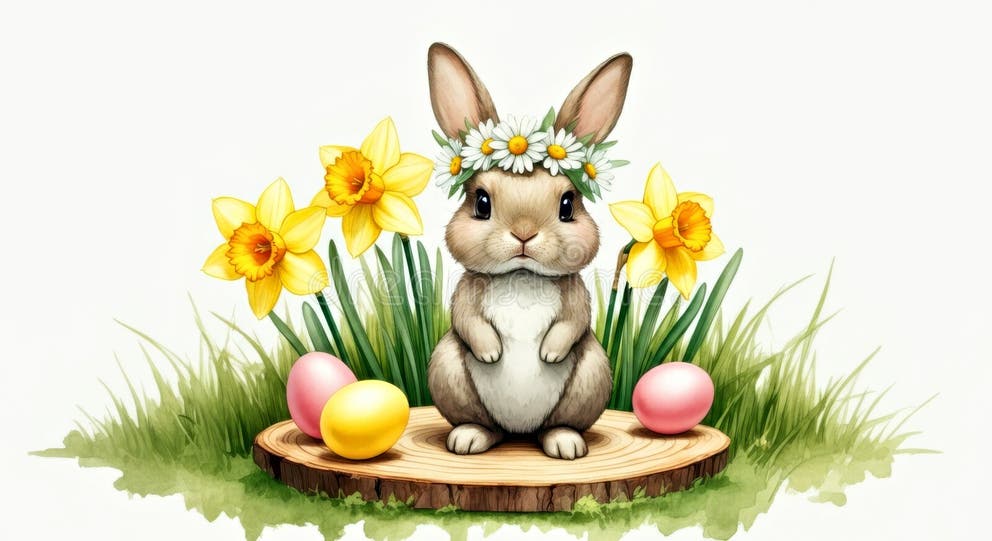 Cute Spring Bunny with Floral Crown and Easter Eggs in a Garden Setting ...